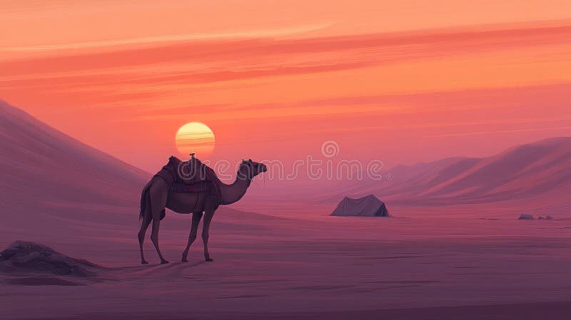 Desert Sunset Camel stock illustration. Illustration of light - 368148465