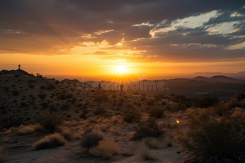 Desert Sunset, with Clouds and Sun Setting Behind the Horizon Stock ...