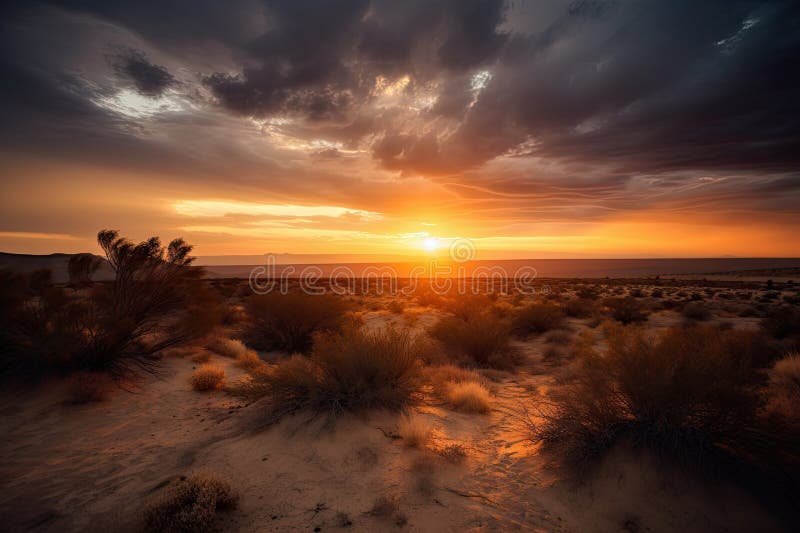 Desert Sunset, with Clouds and Sun Setting Behind the Horizon Stock ...