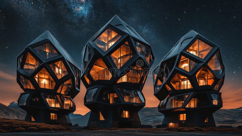 A Desert at Sunset Features Three Conical Structures that are ...