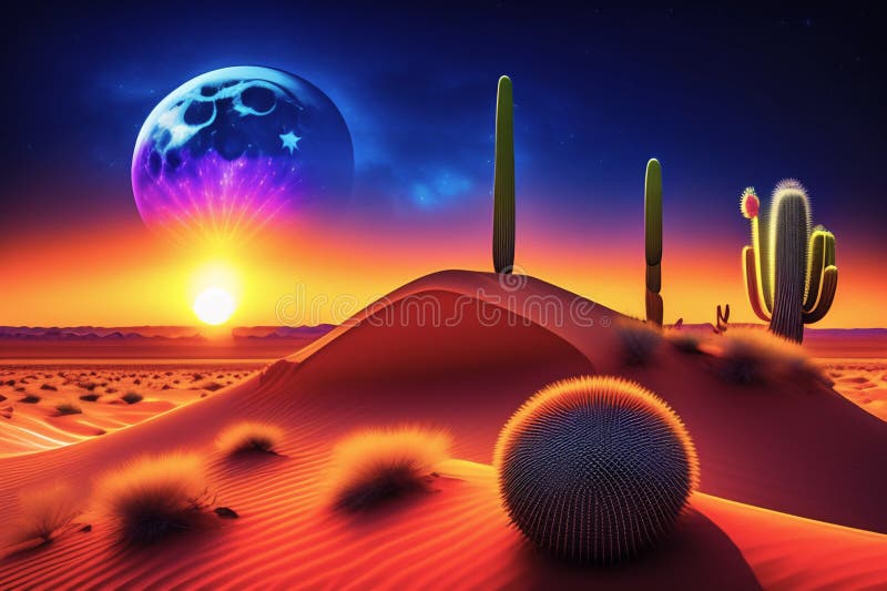 Desert with the Sunset and the Moon in the Sky , Cactus , AI Generated ...