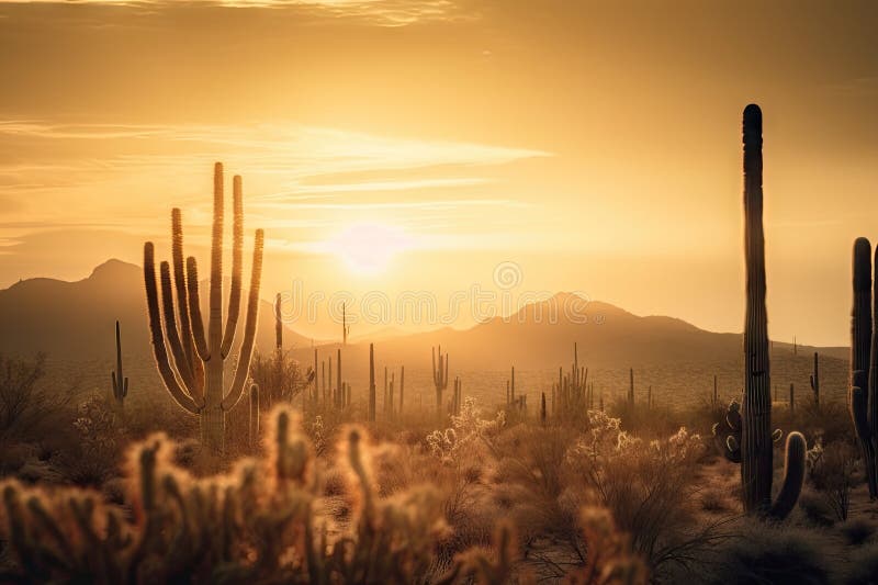 Desert Sunset, with the Sun Setting Behind a Cacti Forest Stock ...