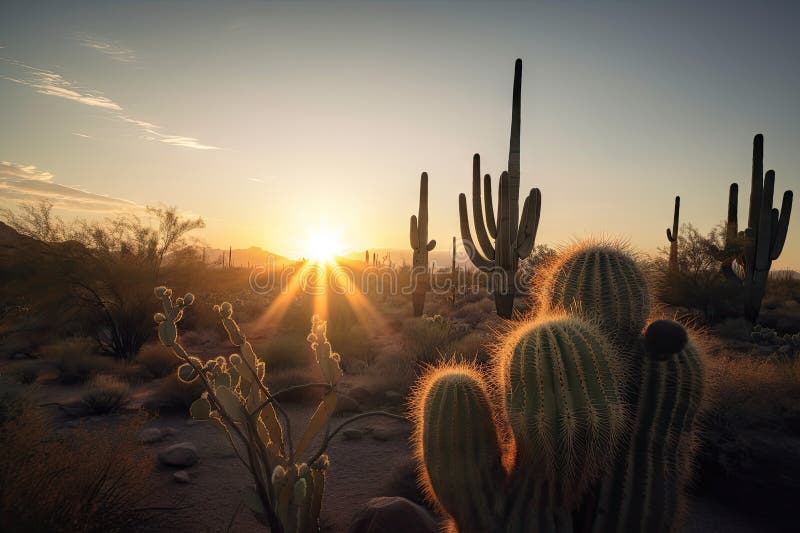Desert Sunset, with the Sun Setting Behind a Cacti Forest Stock ...