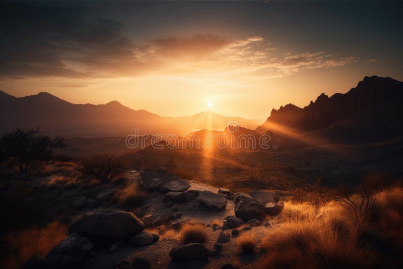 Desert Sunset, with the Sun Setting Behind Dramatic Mountain Range ...