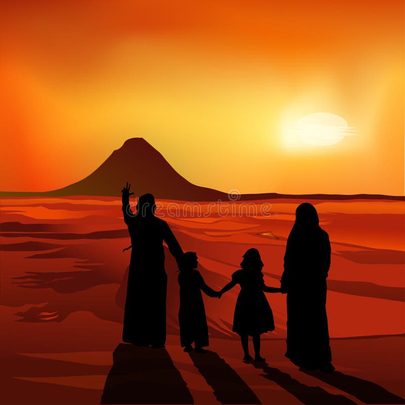 Desert Sunset View with Arabic Family Illustration Vector Based Drawing ...