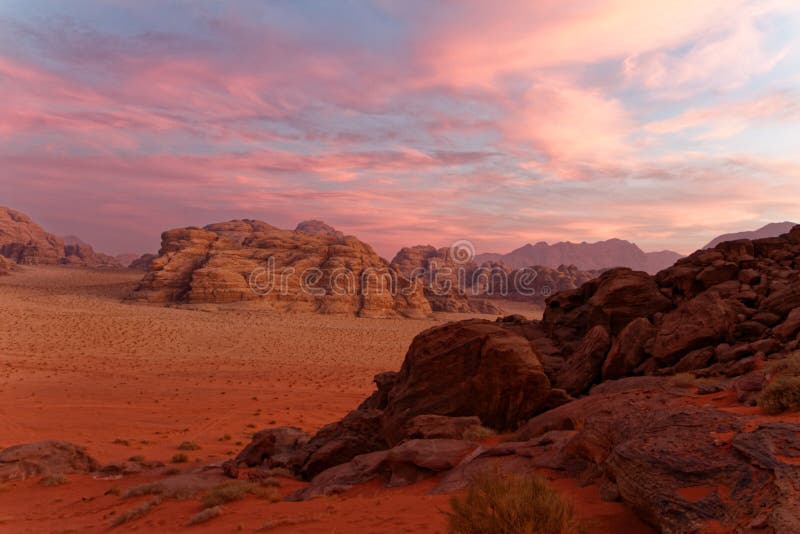 Wadi Rum Desert in Jordan. on the Sunset. Panorama of Beautiful Sand ...