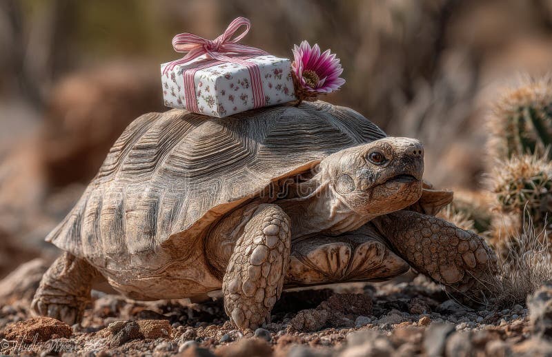 Desert Tortoise Carrying Gift and Flower in the Desert Stock Image ...