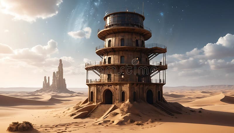 Desert Tower Oasis Sand Dune Landscape with Distant Rock Formation ...