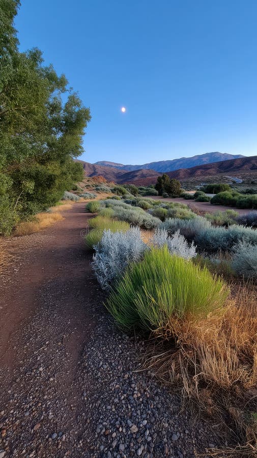 Desert Trail at Dusk Under Full Moon, Featuring Native Shrubs and ...