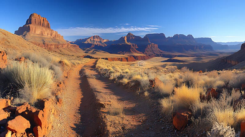 Desert Trail Winding through Canyon at Sunrise Stock Illustration ...