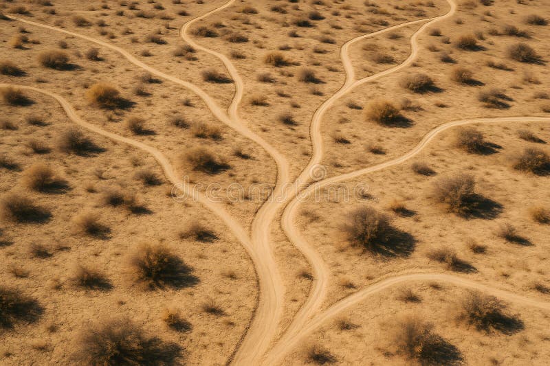 Desert Trails Converging through Sparse Vegetation in Dry Arid ...