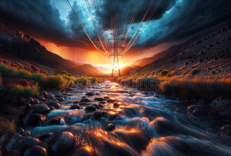 Power Line in the Desert at Sunset. 3d Render Illustration., Generative ...