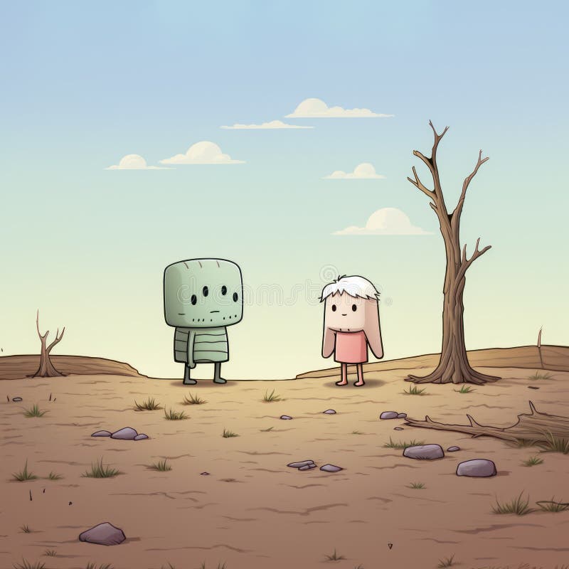 Two Cartoon Characters in the Desert with Sky, Clouds, Trees, and ...