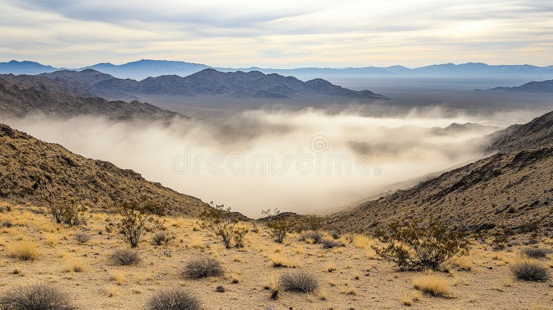 Desert Valley Shrouded in Morning Mist, Mountains in Background Stock ...