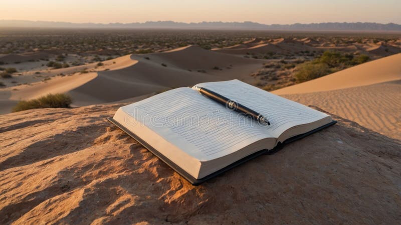 Desert View with Open Book and Pen Under Golden Sunset Sky, Concept of ...