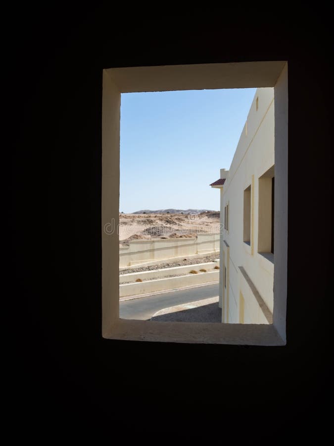 Desert View from Window, Sandy Mountains and House Stock Photo - Image ...