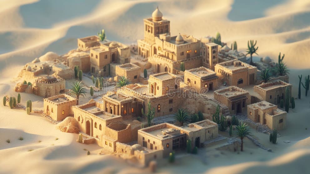 Desert Village at Sunset: Tan and Beige Adobe Structures Stock ...