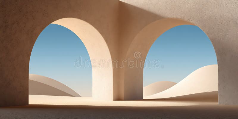 Desert Vista Architectural Render of Arched Windows and Sandy Landscape ...