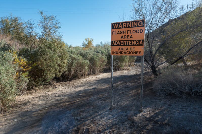 Desert Wash Warning Sign, Flash Flood Area Stock Image - Image of lake ...