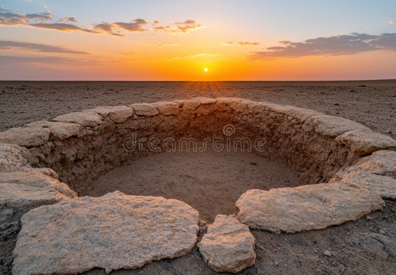 Desert well at sunset stock illustration. Illustration of golden ...