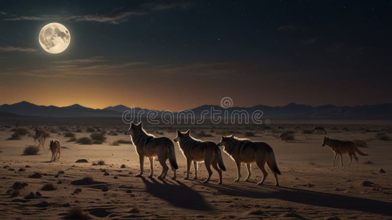 Desert Wolves Under the Full Moon Stock Photo - Image of desert ...