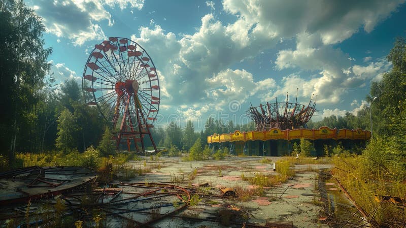 A Deserted Amusement Park with a Ferris Wheel and a Carousel Stock ...