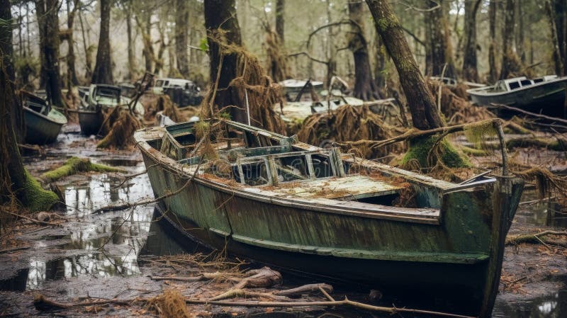 Deserted Boat Cemetery in Murky Swamp Stock Illustration - Illustration ...