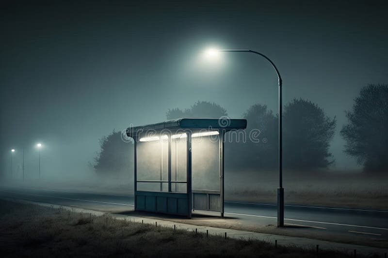 A Deserted Bus Stop, Illuminated by a Single Lamp Post in the Darkness ...