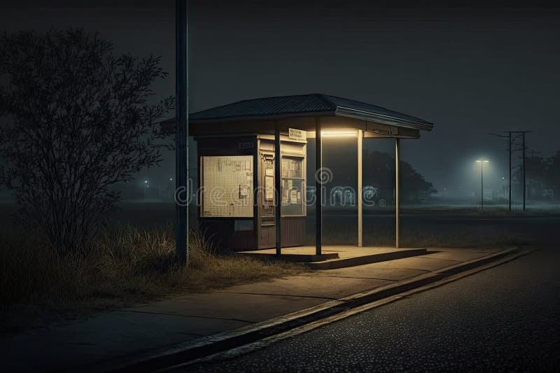 A Deserted Bus Stop, Illuminated by a Single Lamp Post in the Darkness ...
