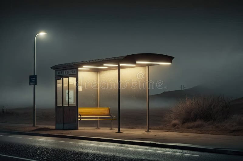 A Deserted Bus Stop, Illuminated by a Single Lamp Post in the Darkness ...