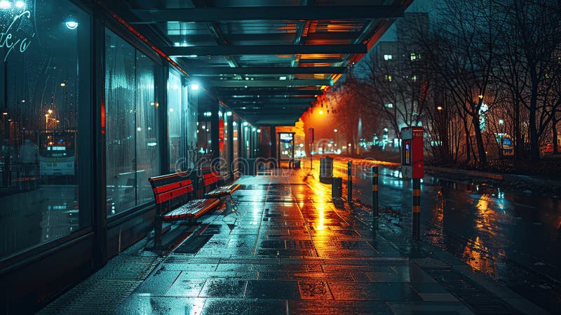 A Deserted Bus Stop at Night with Rain Reflecting the Street Lights ...