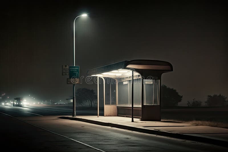 A Deserted Bus Stop, with only a Single Light Post Casting a Dim Glow ...