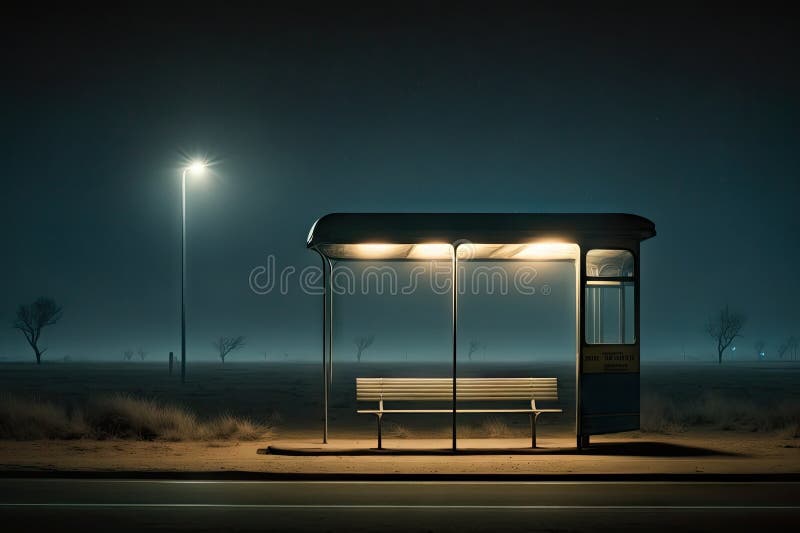 A Deserted Bus Stop, with only a Single Light Post Casting a Dim Glow ...