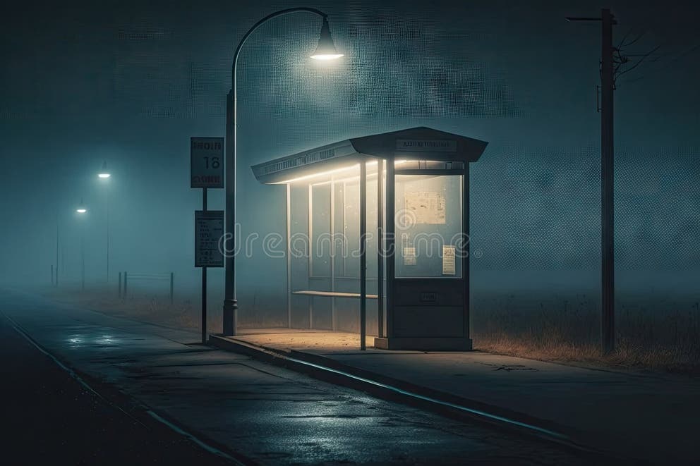 A Deserted Bus Stop, with only a Single Light Post Casting a Dim Glow ...