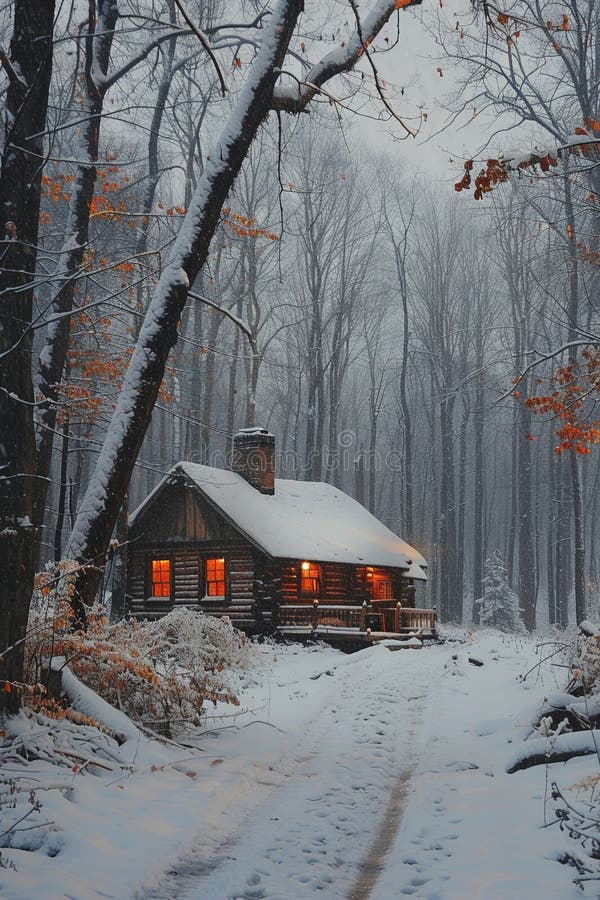 Deserted Cabin in the Woods with Snow Gently Falling the Structure ...