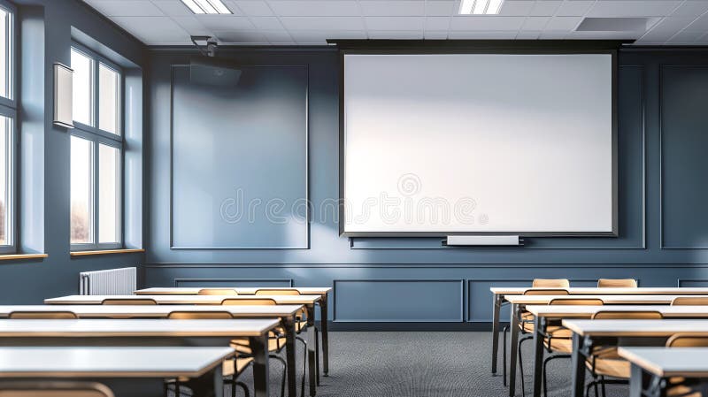 Empty Classroom with Desks, Chairs, and Large Blank Screen, Natural ...