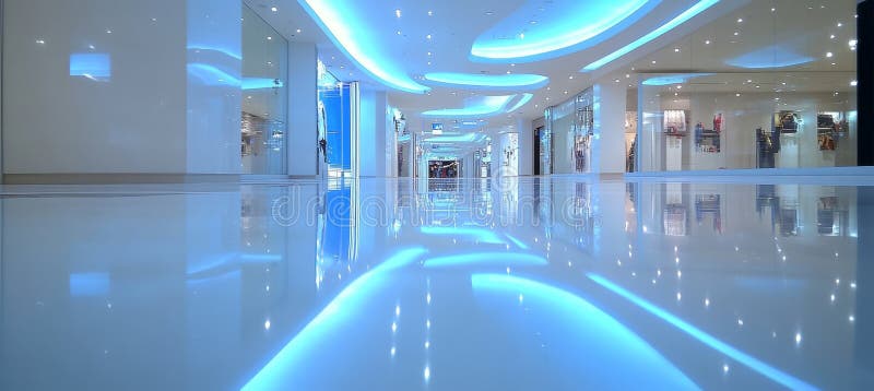 Deserted Elegance Modern Shopping Mall Corridor with Closed Stores and ...