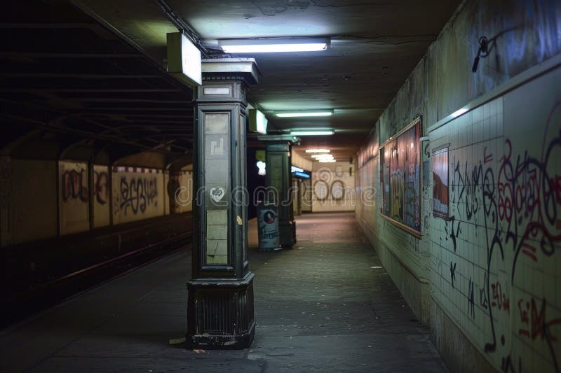 Deserted and Graffiti Covered Subway Platform Waiting for Train Stock ...