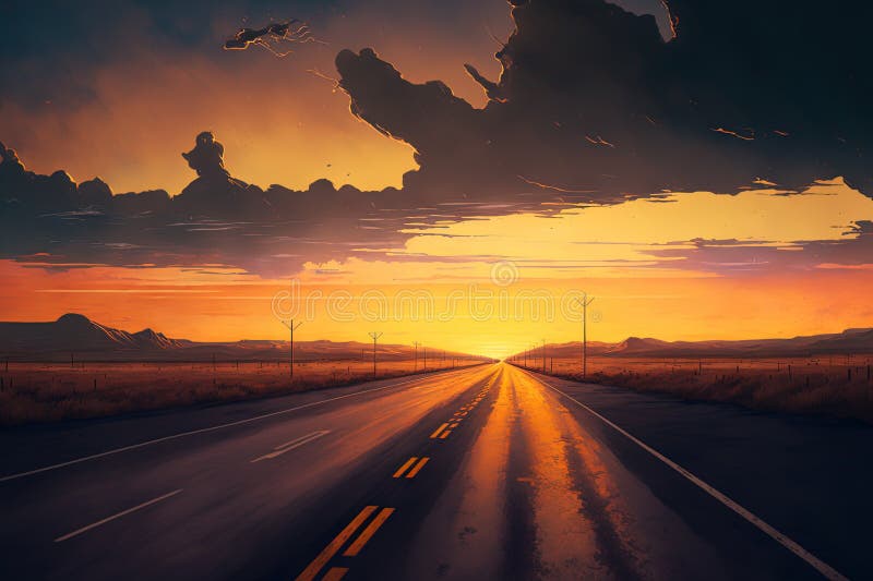 A Deserted Highway with Asphalt and a Stunning Sunset Scene Stock ...