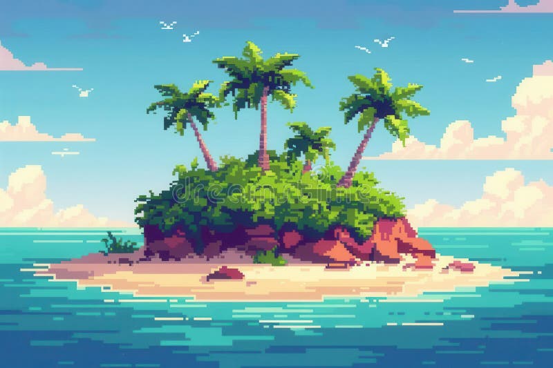 Deserted Island Flat Design Top View Castaway Theme Pixel Art Animation ...