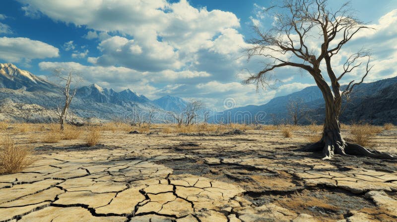 Deserted Landscape with Dry Cracked Earth and Lonely Tree Under a Blue ...