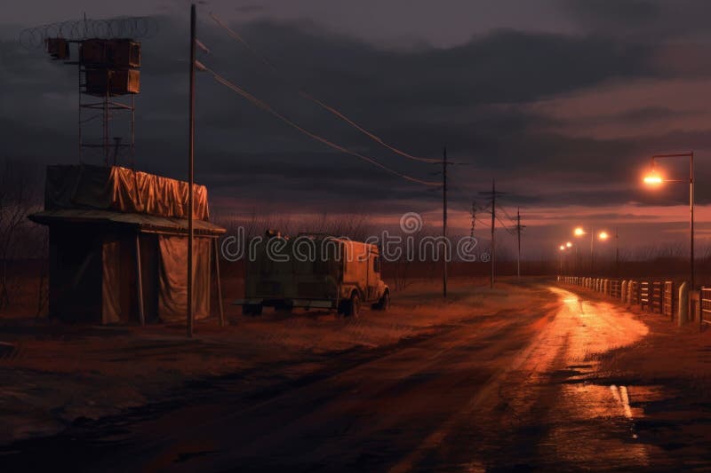 Deserted Military Checkpoint at Dusk Stock Illustration - Illustration ...