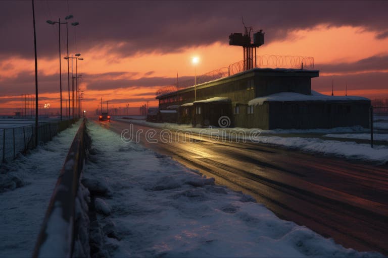 Deserted Military Checkpoint at Dusk Stock Illustration - Illustration ...