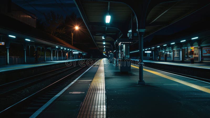 Deserted Night Train Station with Dim Lighting and Long Shadows on ...