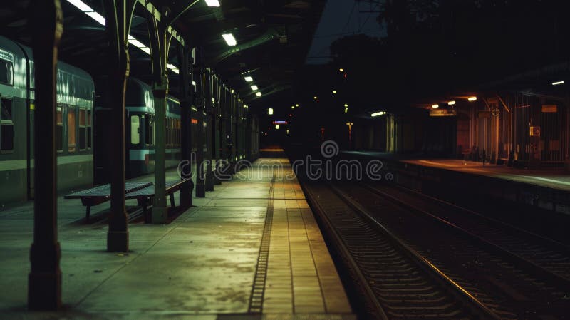 Deserted Night Train Station with Dim Lighting and Long Shadows on ...