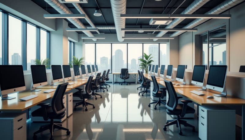 Deserted Office Space with Empty Desks, Symbolizing Closure Stock Photo ...