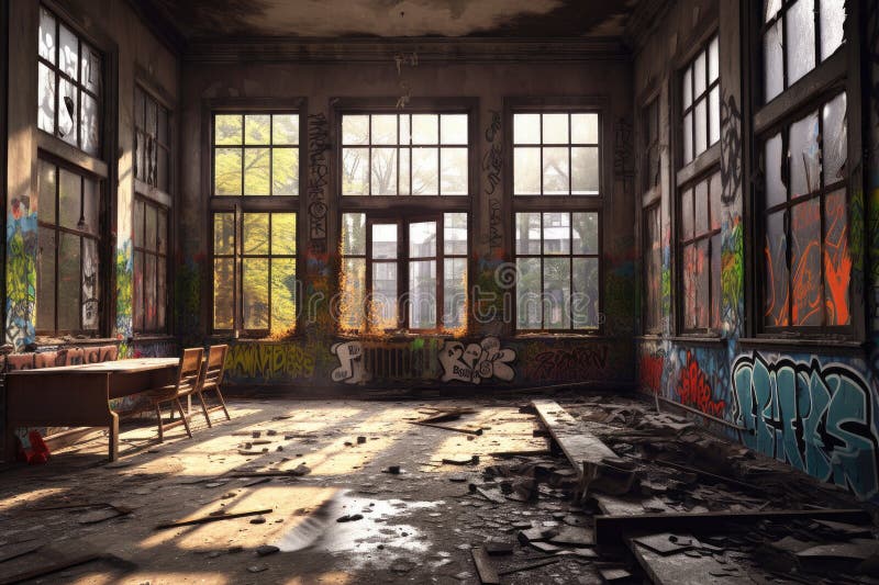 Deserted School Building with Broken Windows and Graffiti Stock ...