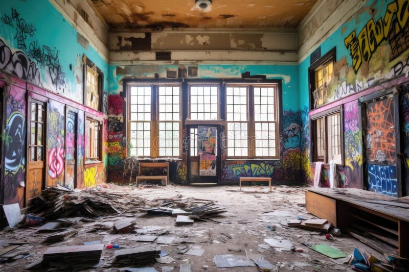 Deserted School Building with Broken Windows and Graffiti Stock ...