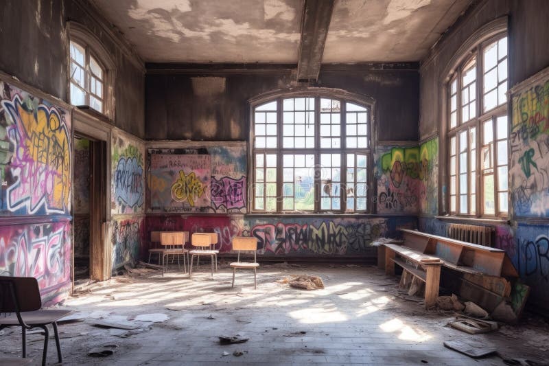 Deserted School Building with Broken Windows and Graffiti Stock ...