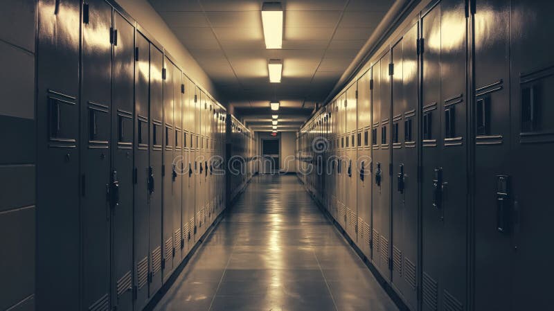 Deserted School Corridor with Rows of Lockers Stock Illustration ...